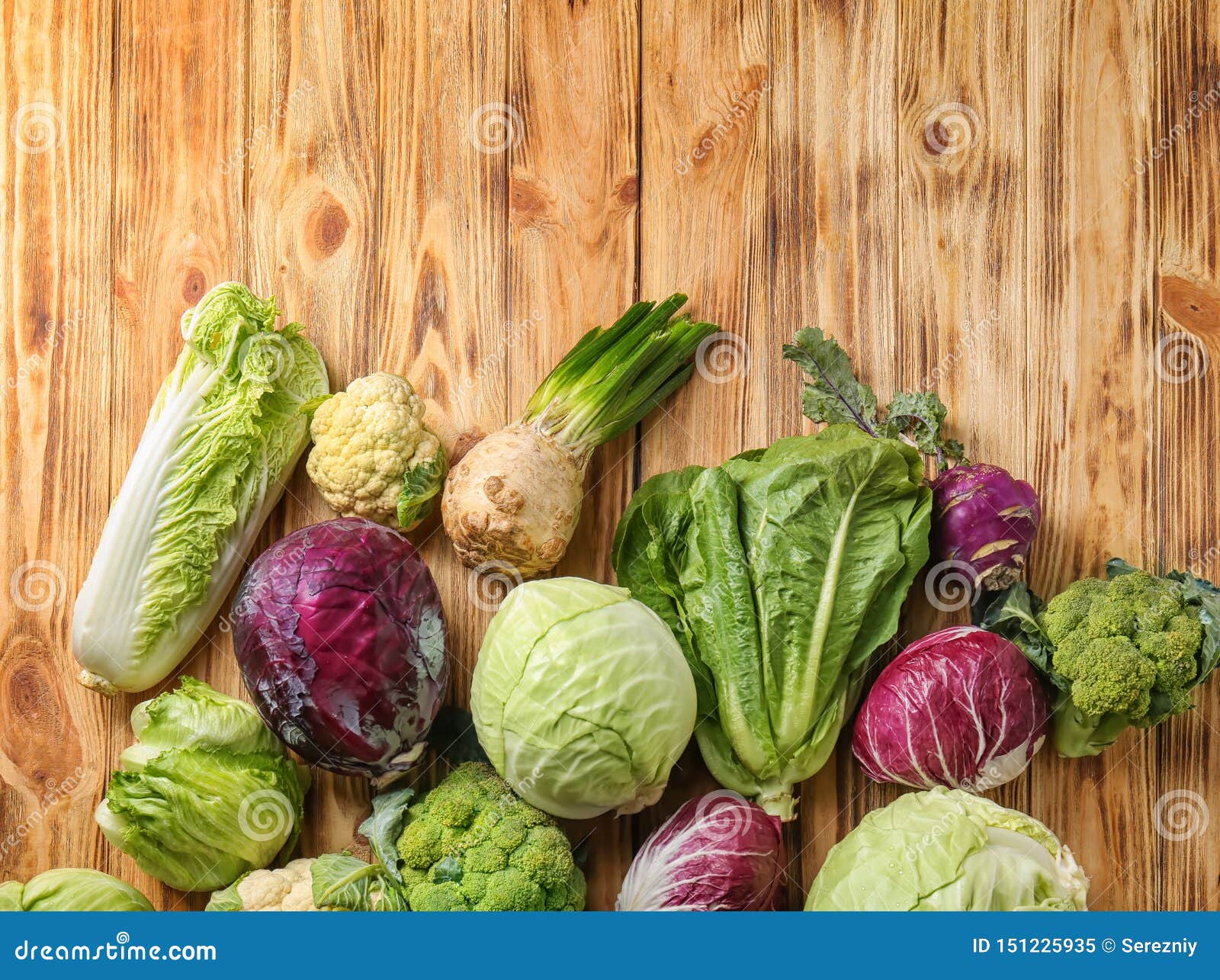 Different Types of Cabbage on Wooden Background Stock Image - Image of ...