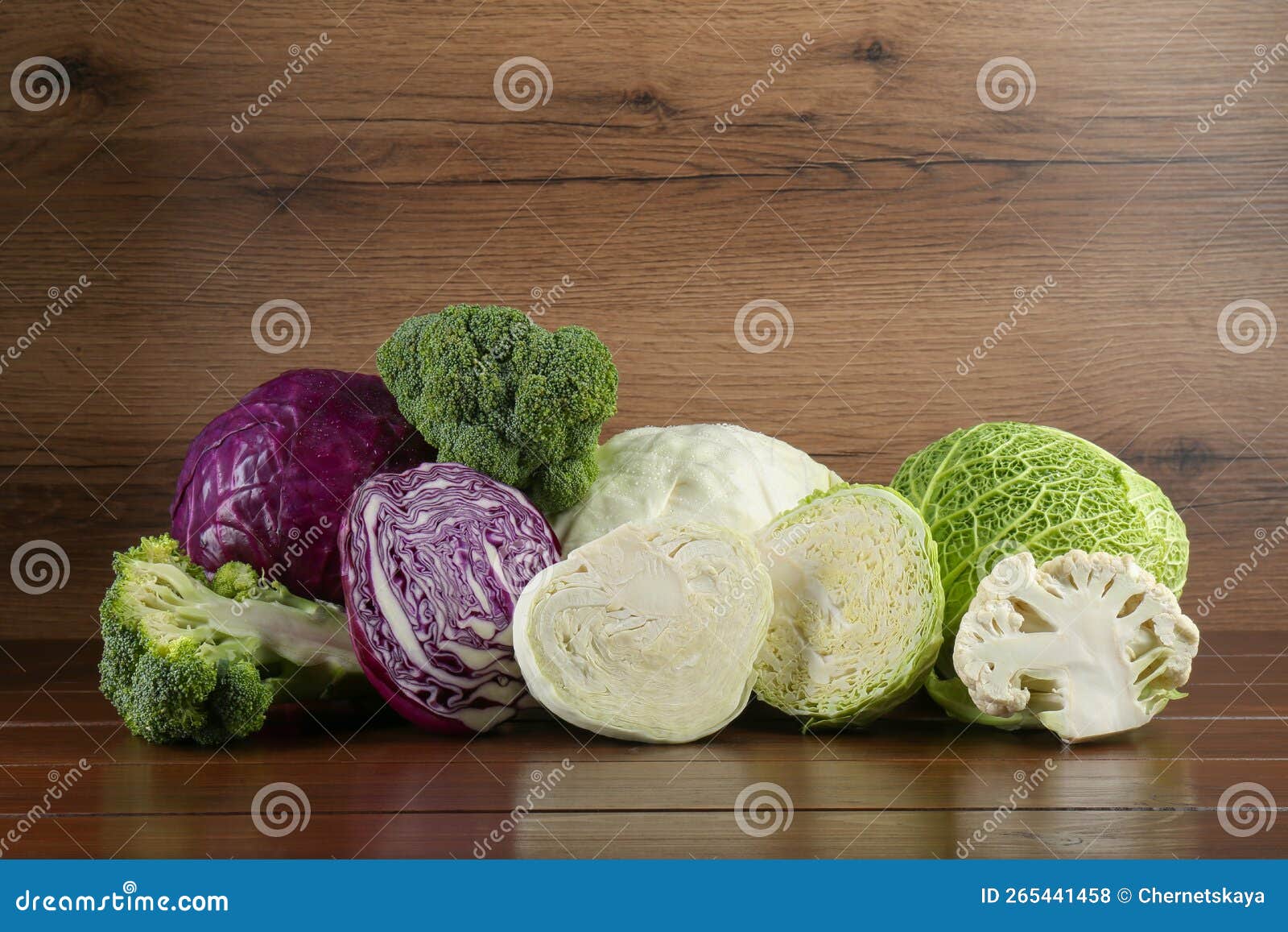 Different Types of Cabbage on Wooden Table Stock Photo - Image of ...