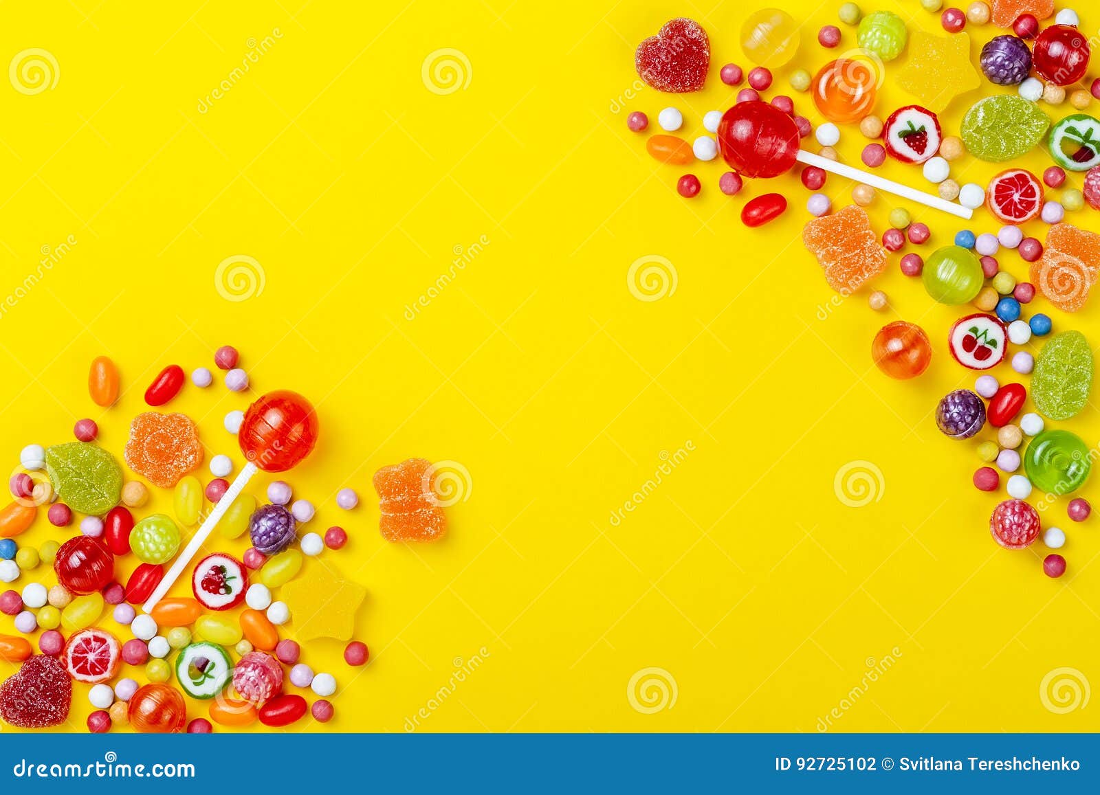 Different Types Of Candies On Yellow Background, Copy Space. Royalty ...