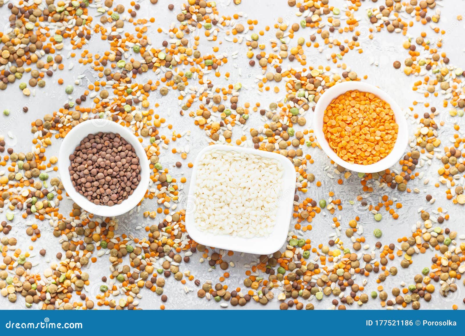 Different Types of Cereal Grains Groats in White Ceramic Bowls. Stock ...