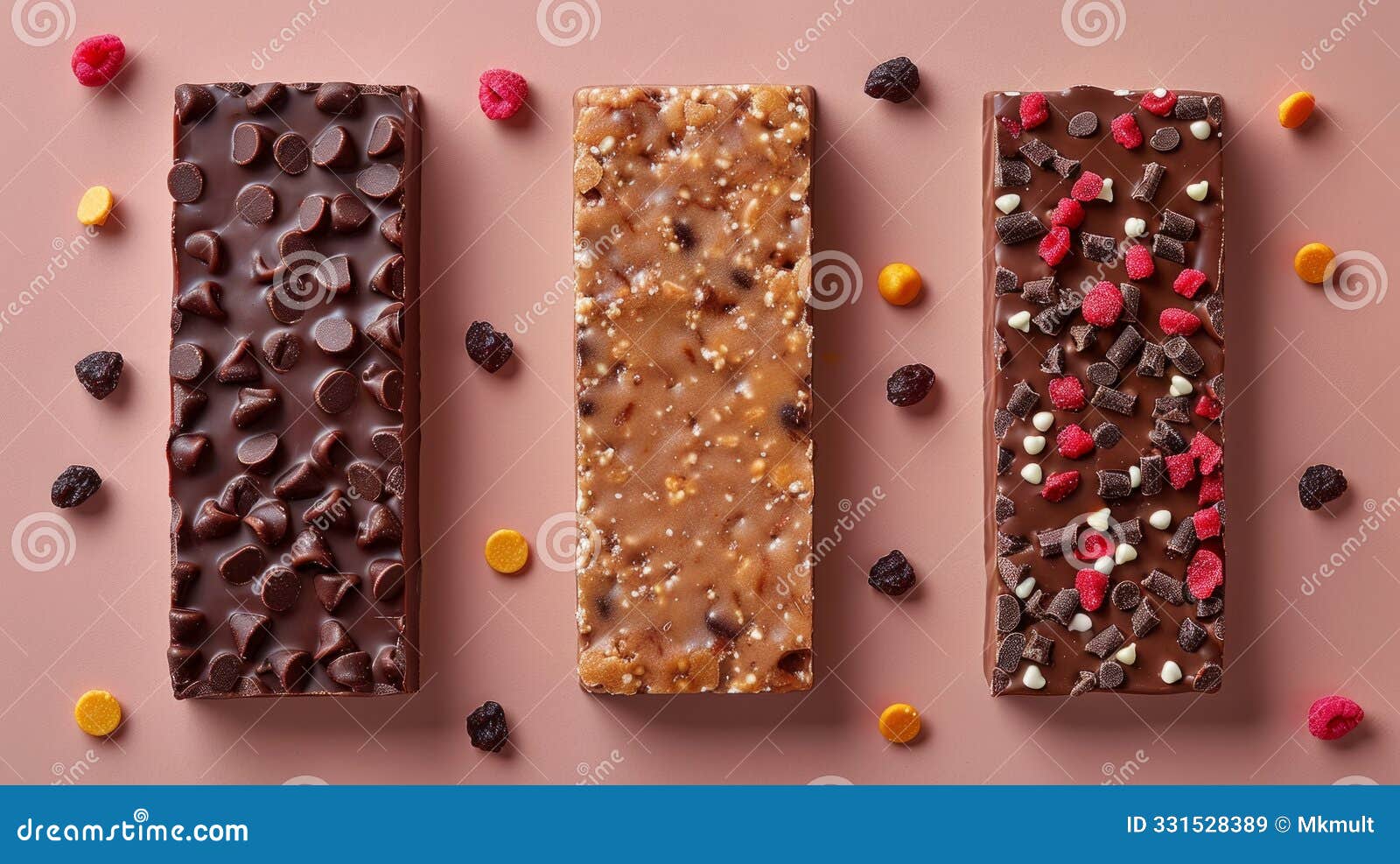 Different Types of Chocolate Bars with Toppings on a Pink Background ...