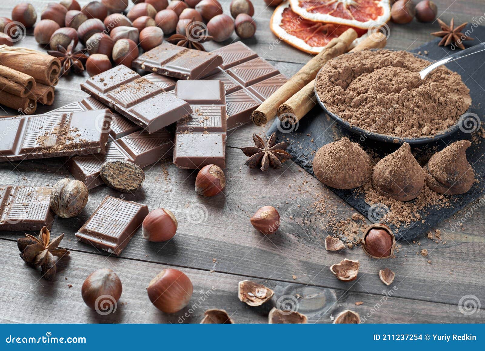 Different Types of Chocolate, Cocoa Powder, Hazelnuts and Other Spices ...