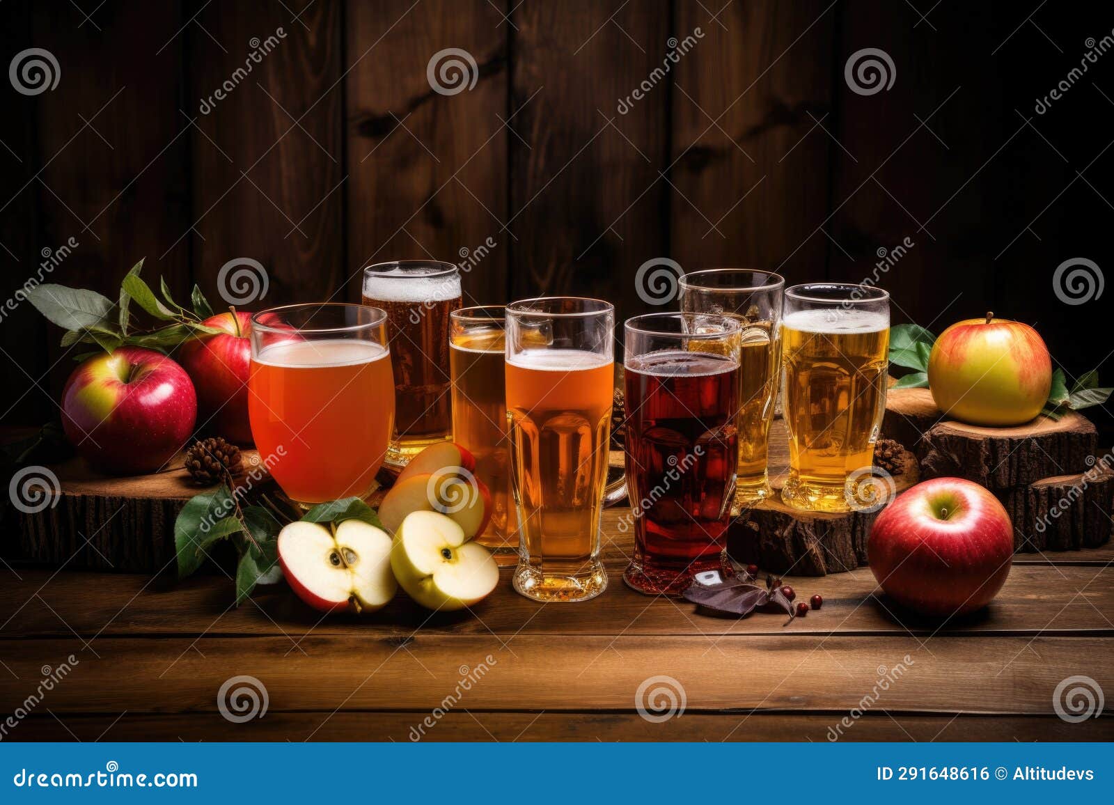 Different Types of Cider Lined Up on a Wooden Table Stock Photo - Image ...