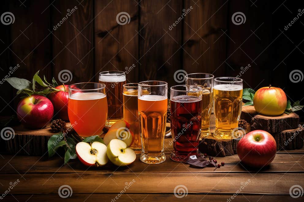 Different Types of Cider Lined Up on a Wooden Table Stock Photo - Image ...