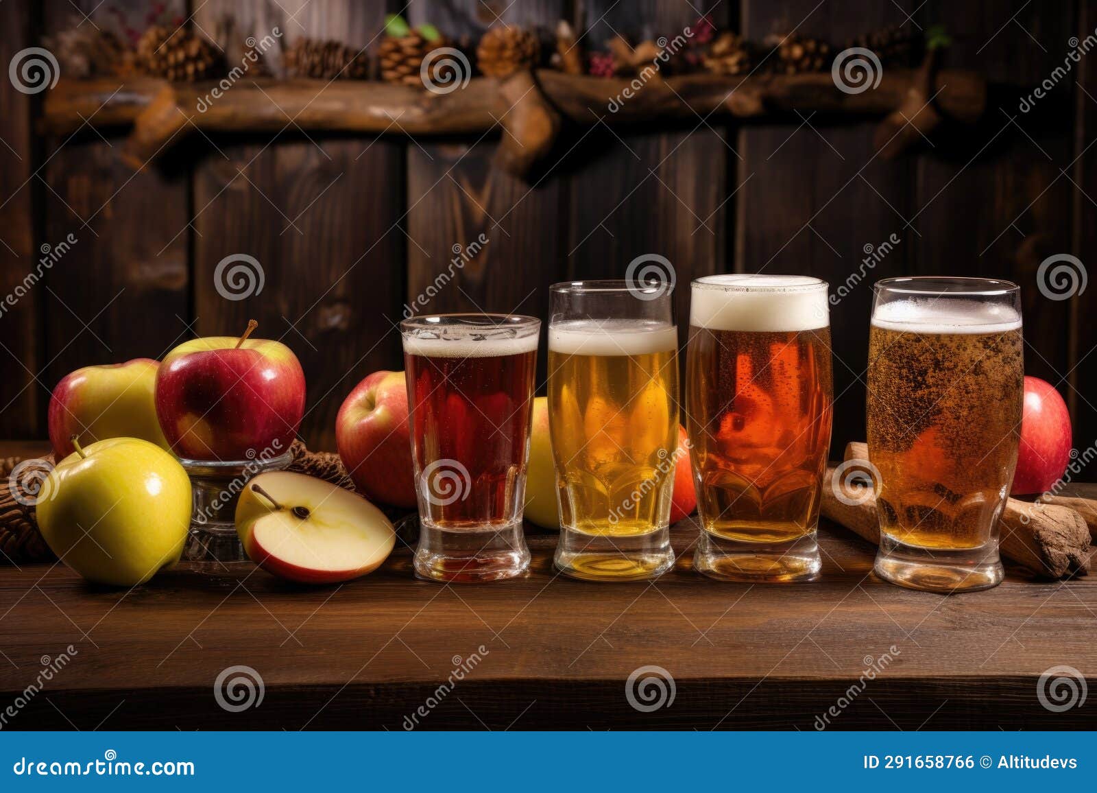 Different Types of Cider Lined Up on a Wooden Table Stock Photo - Image ...