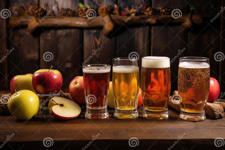 Different Types of Cider Lined Up on a Wooden Table Stock Photo - Image ...