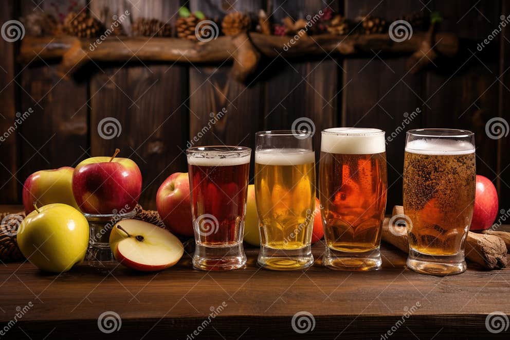Different Types of Cider Lined Up on a Wooden Table Stock Photo - Image ...