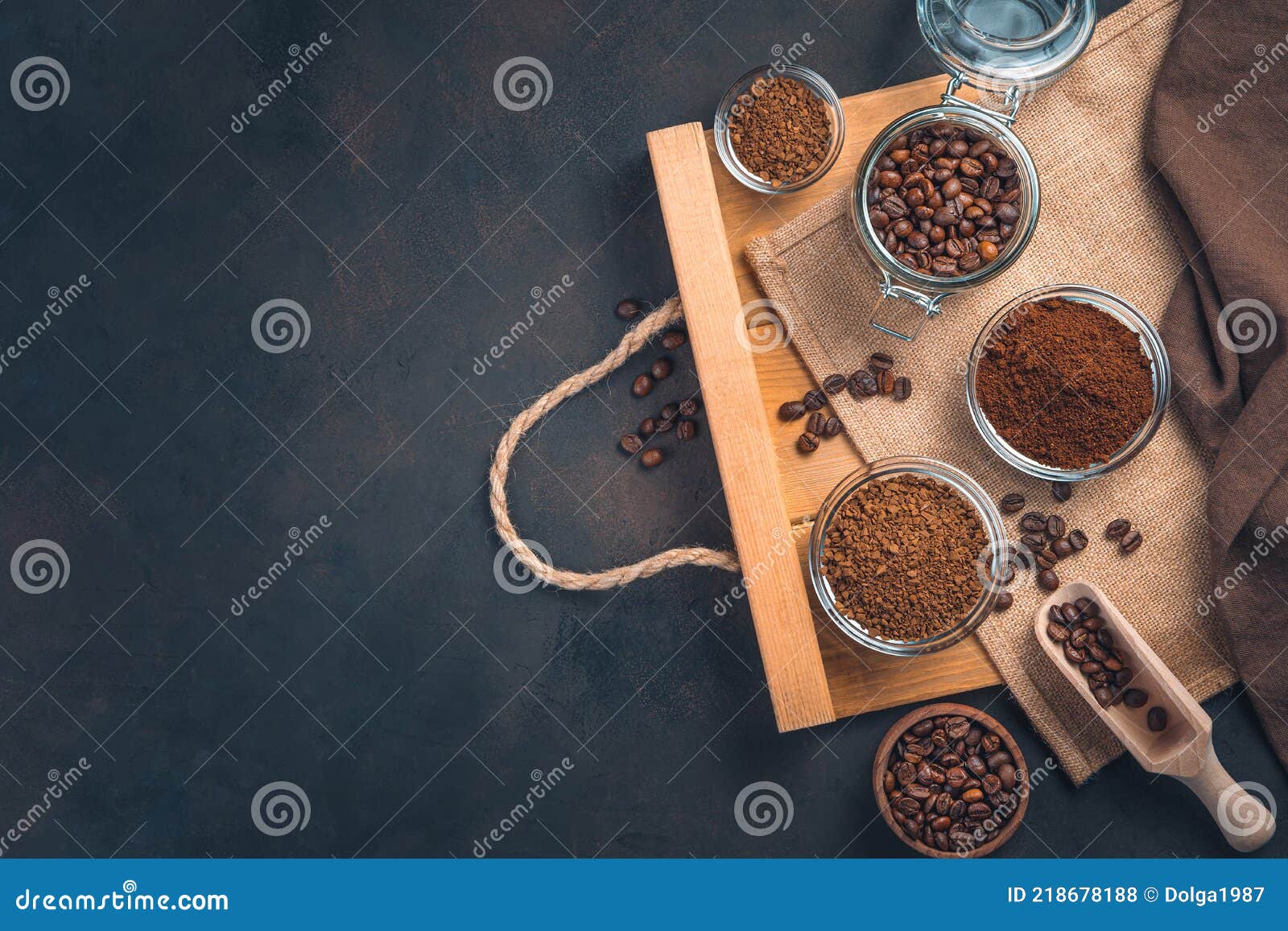 Different Types of Coffee: Grain, Granulated, Ground on a Brown ...