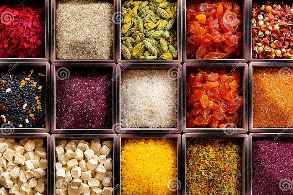 Different Types of Condiments or Spices Arranged in Boxes. Conceptual ...