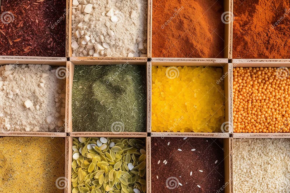 Different Types of Condiments or Spices Arranged in Boxes. Conceptual ...