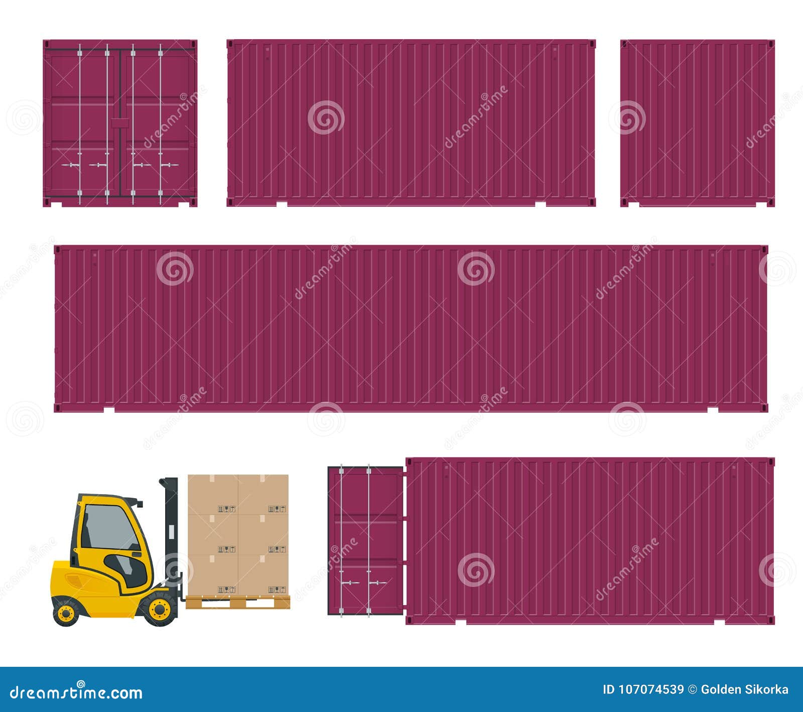 Different Types of Container and Forklift. Side View. Stock Vector ...