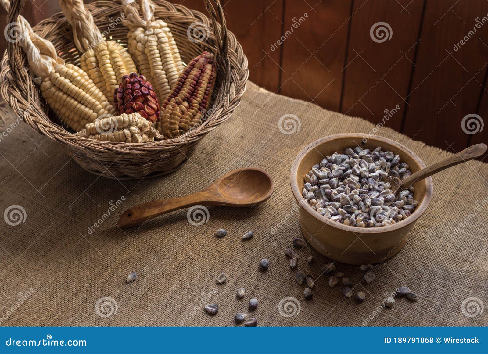 Different Types of Corns in a Basket on the Table with Dry Corn Kernels ...