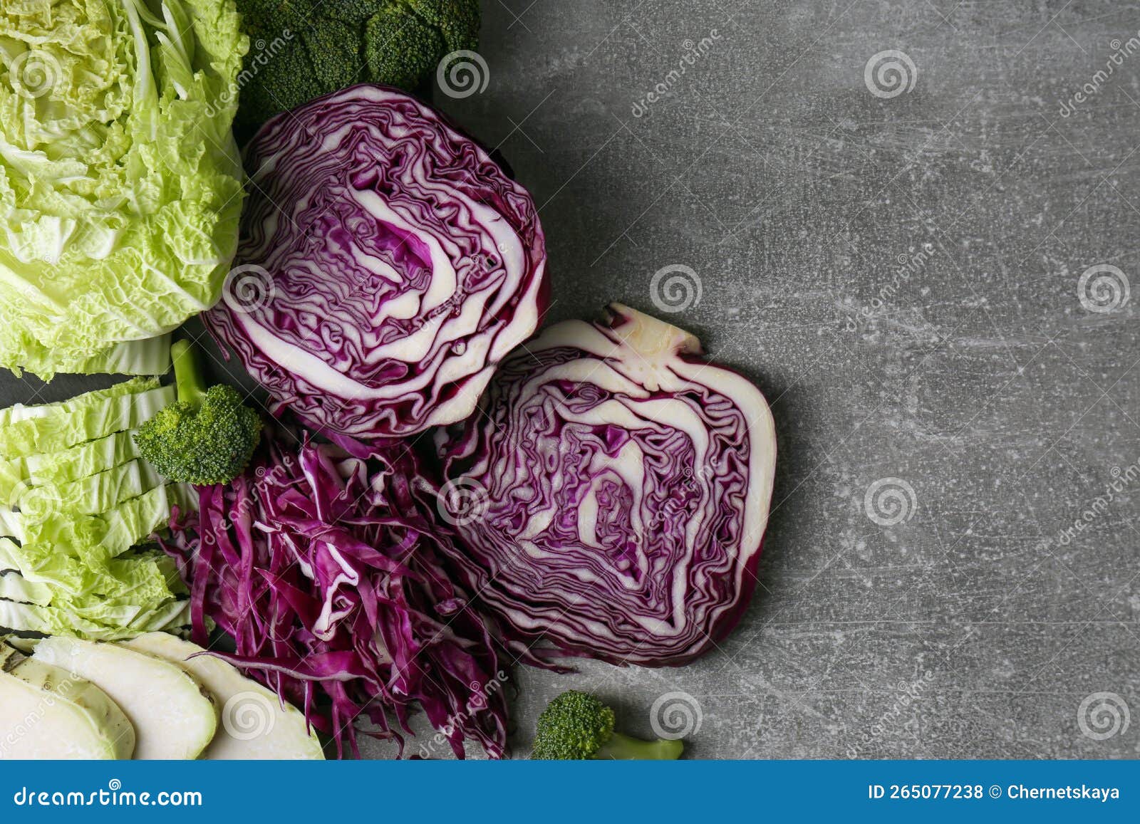 Different Types of Cut Cabbage on Grey Table, Flat Lay. Space for Text ...