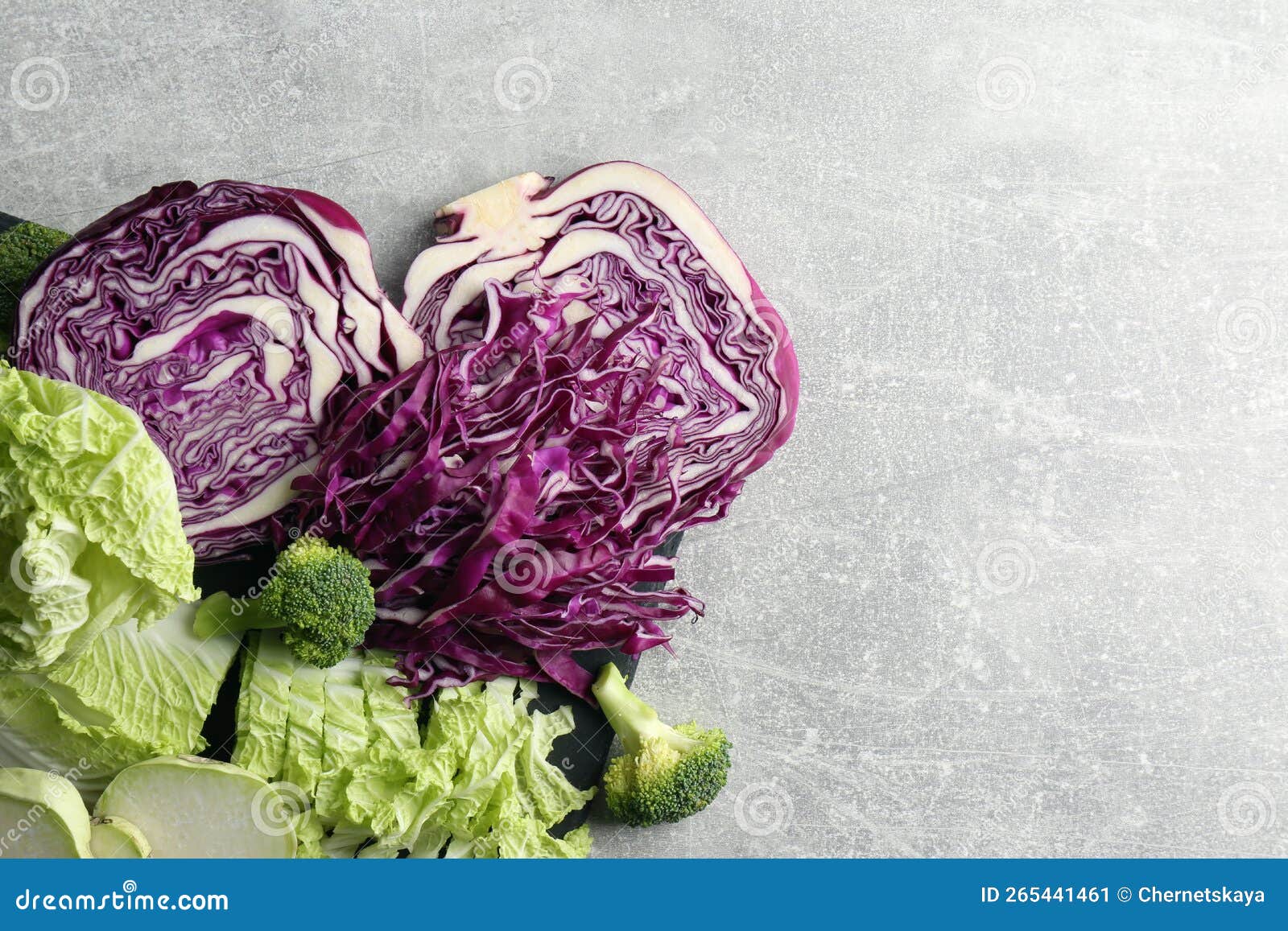 Different Types of Cut Cabbage on Light Grey Table, Flat Lay. Space for ...