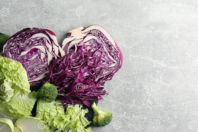 Different Types of Cut Cabbage on Light Grey Table, Flat Lay. Space for ...