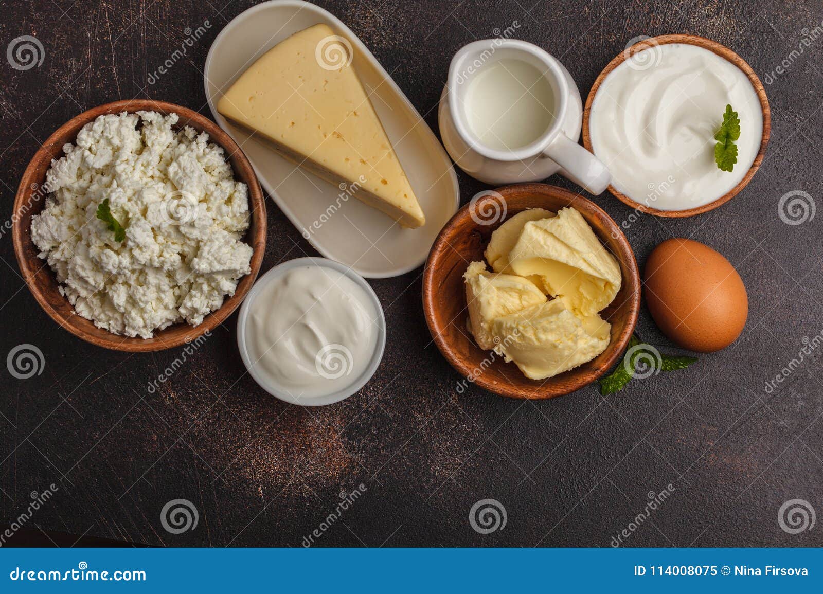 Different Types of Dairy Products on Dark Background, Top View, Stock ...