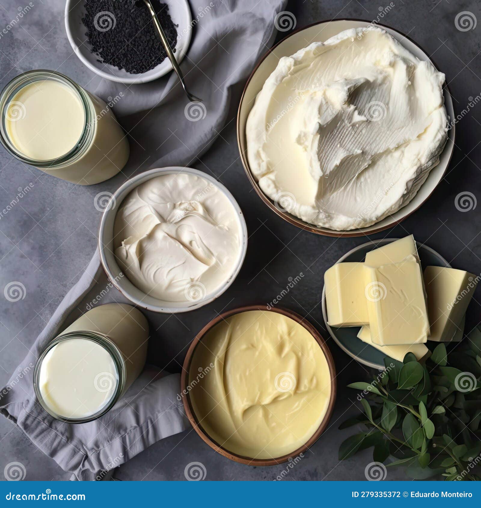 Different Types of Dairy Products on Grey Background, Top View Stock ...