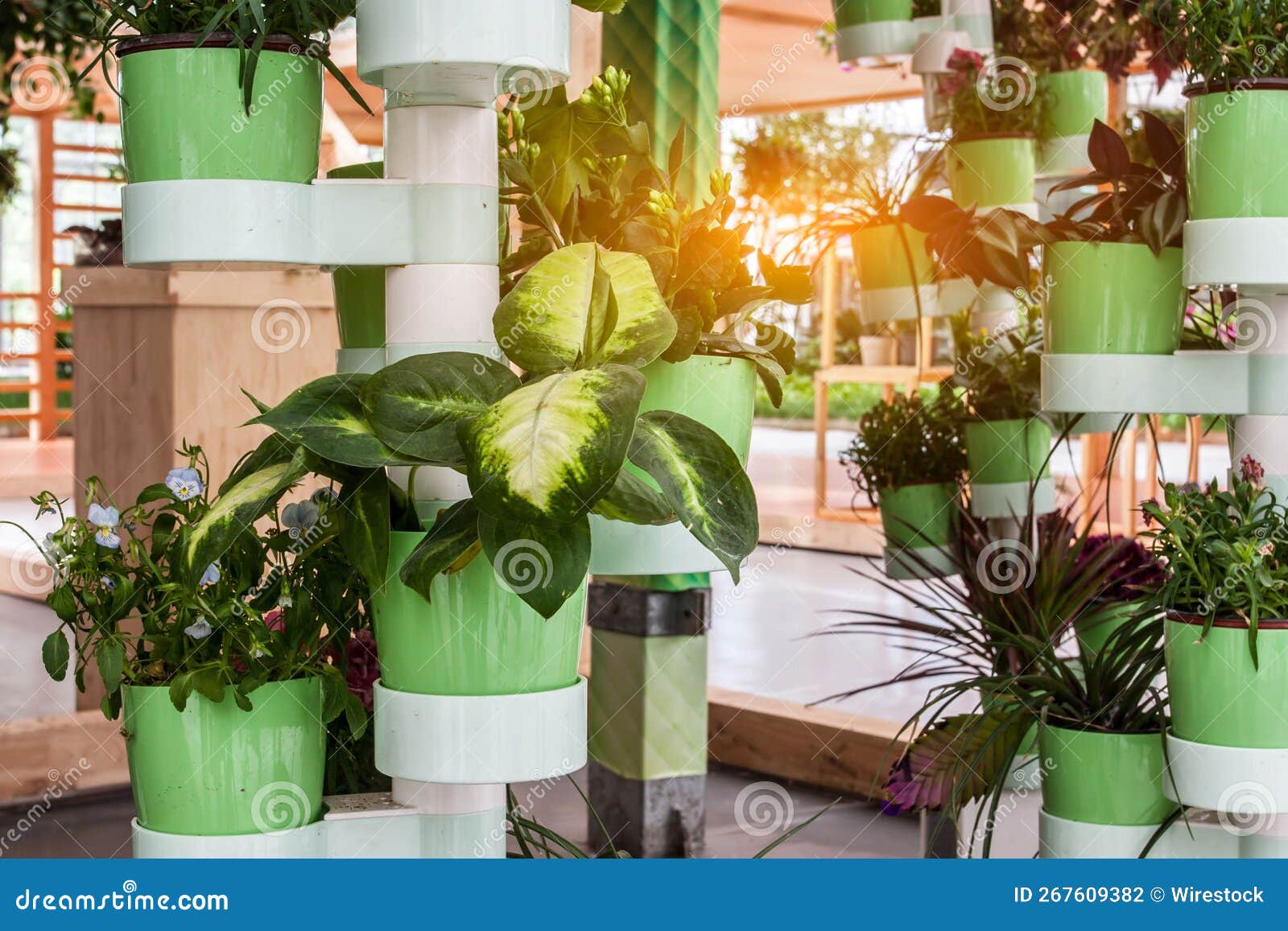 Different Types of Decorative Plants Planted in Big Stacked Planters ...