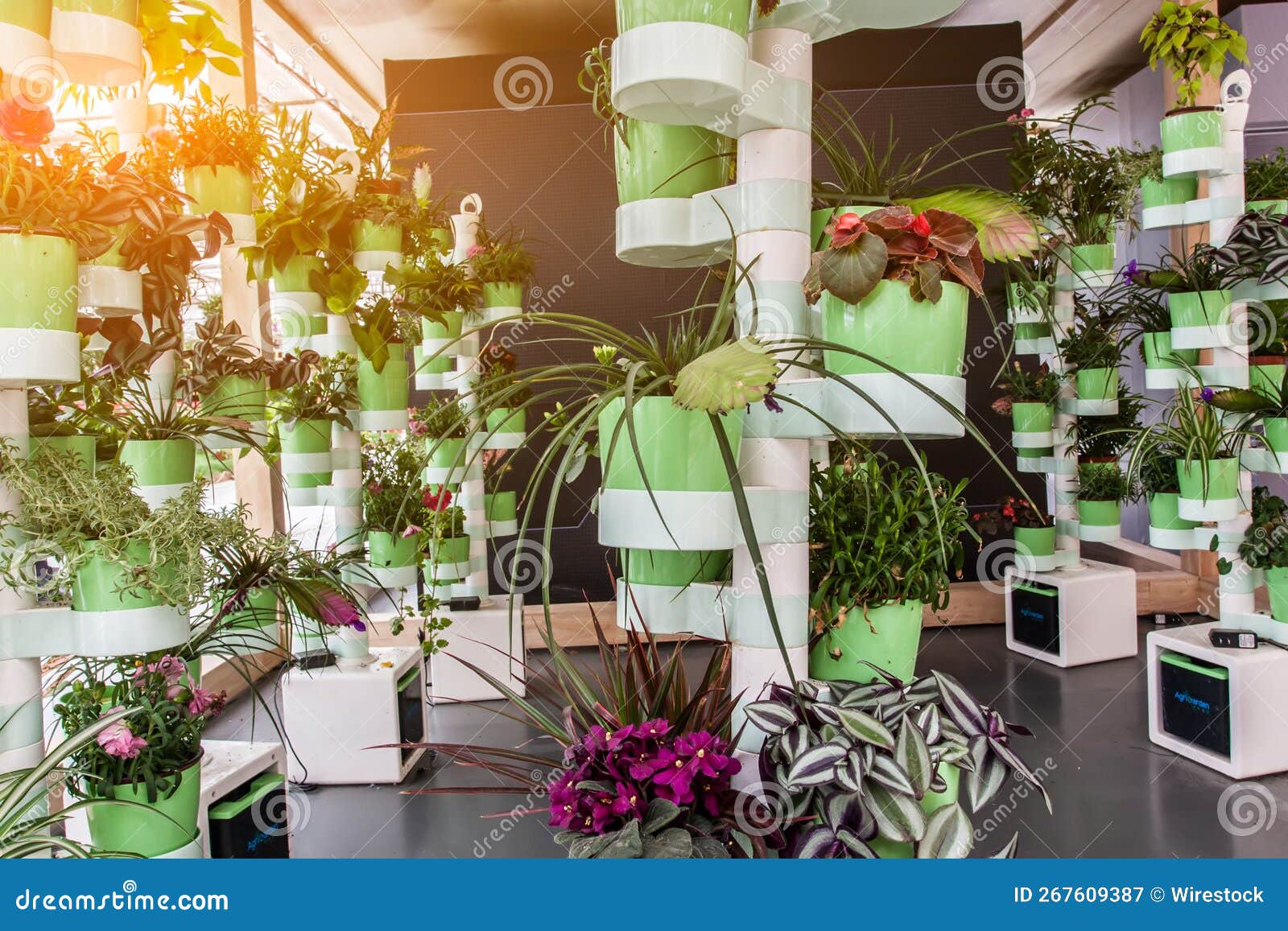 Different Types of Decorative Plants Planted in Big Stacked Planters ...