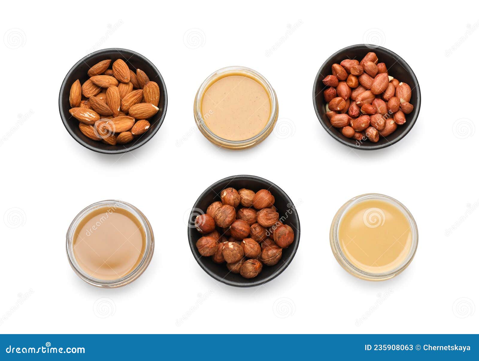 Different Types of Delicious Nut Butters and Ingredients on White ...