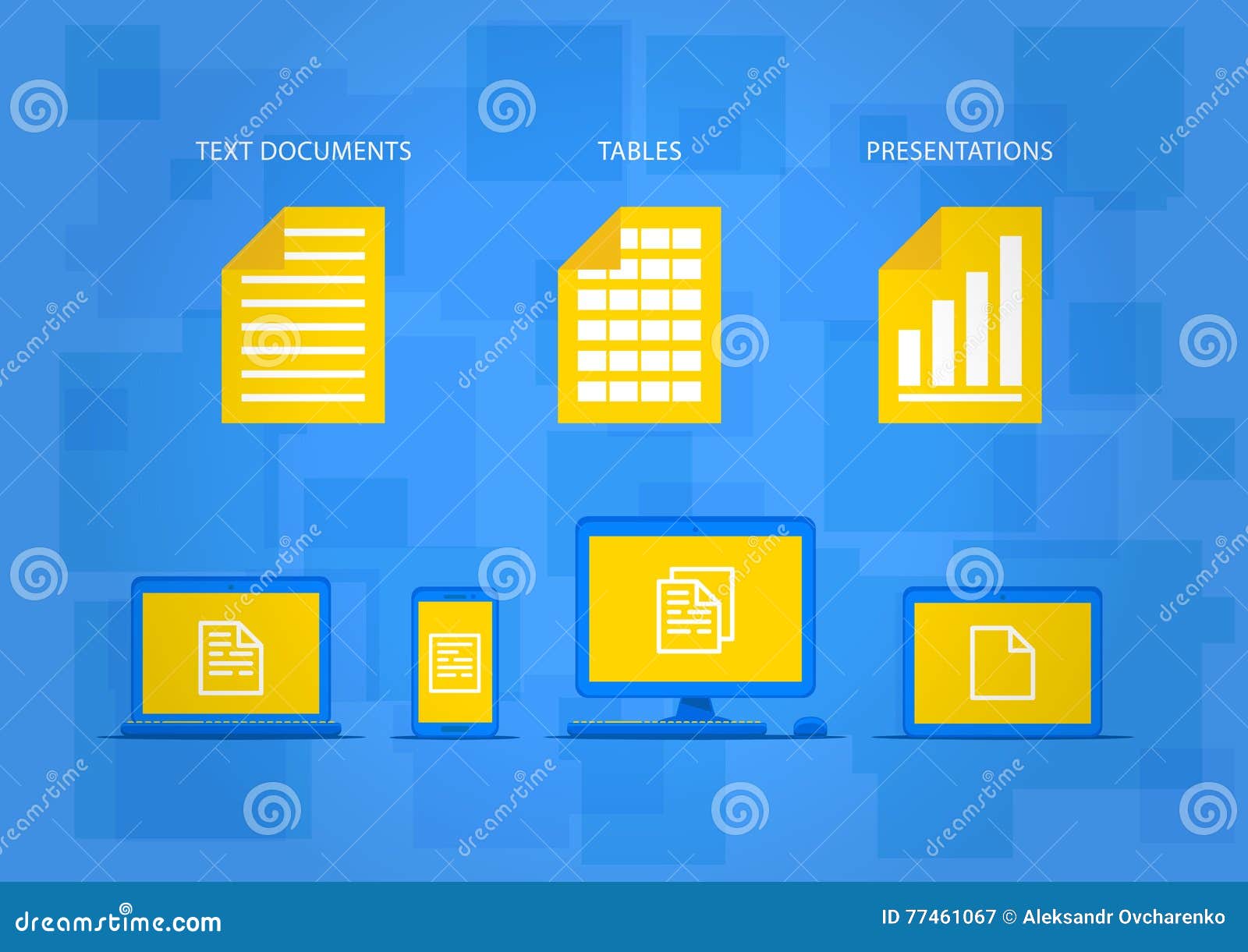 Different Types of Documents with Electronic Devices on Blue Background ...