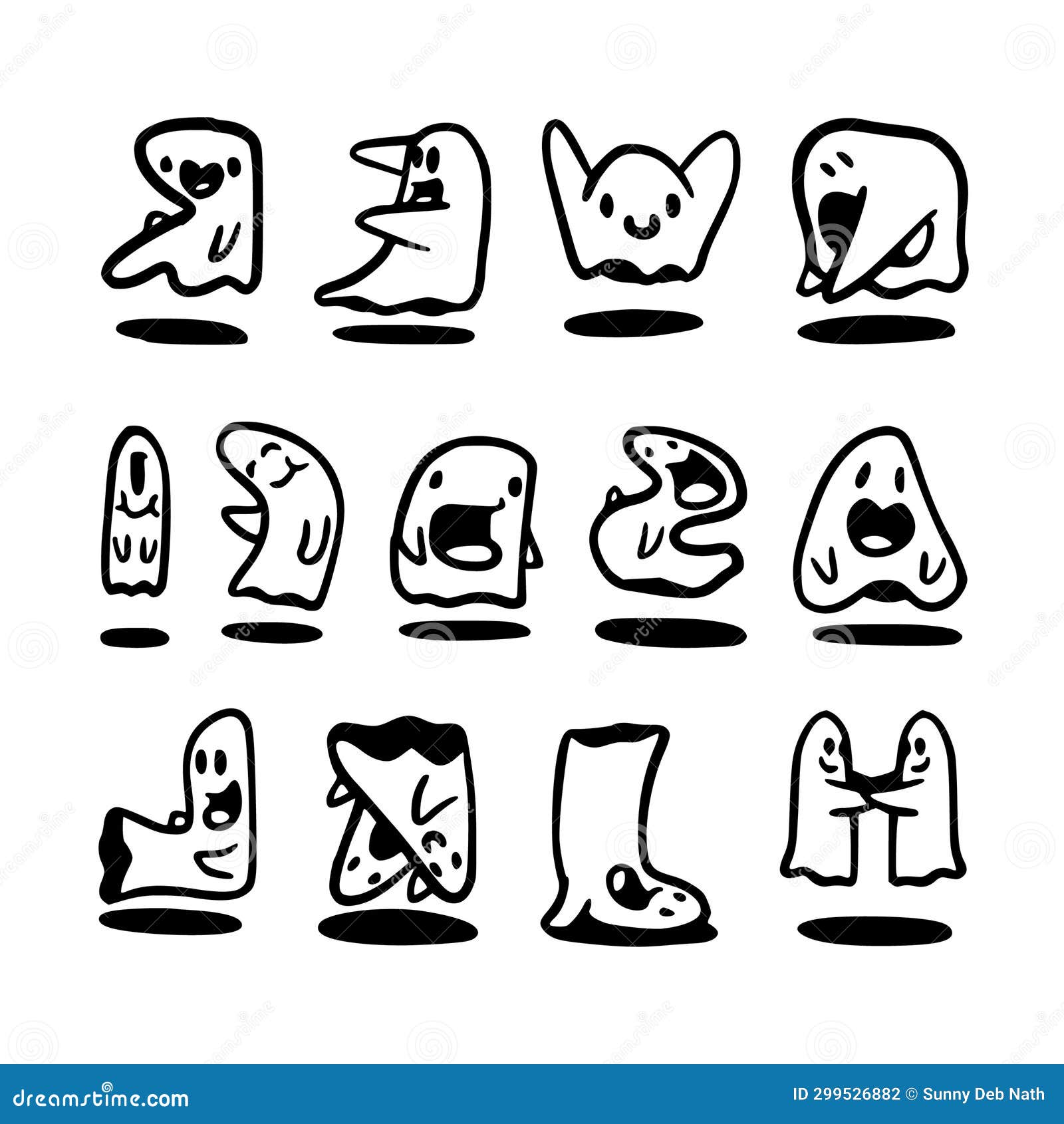 Different Types of Doodle Spooky Ghosts Reactions. Stock Vector ...