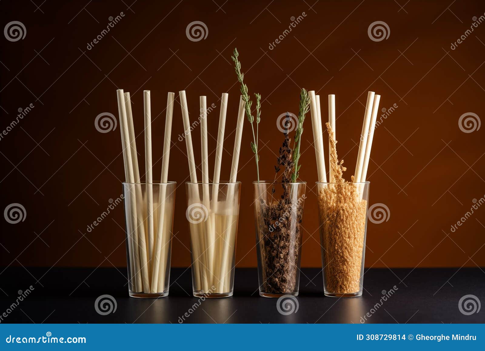 Different Types of Drinking Straws on Black Table and Brown Background ...
