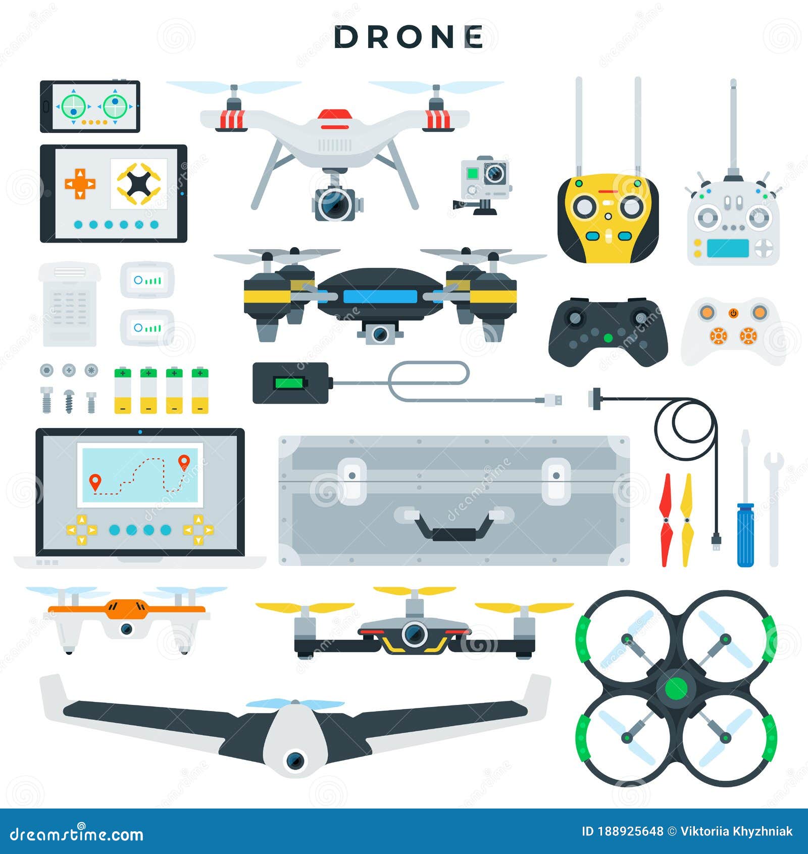 Different Types of Drones and Their Control Tools, Side and Top View ...