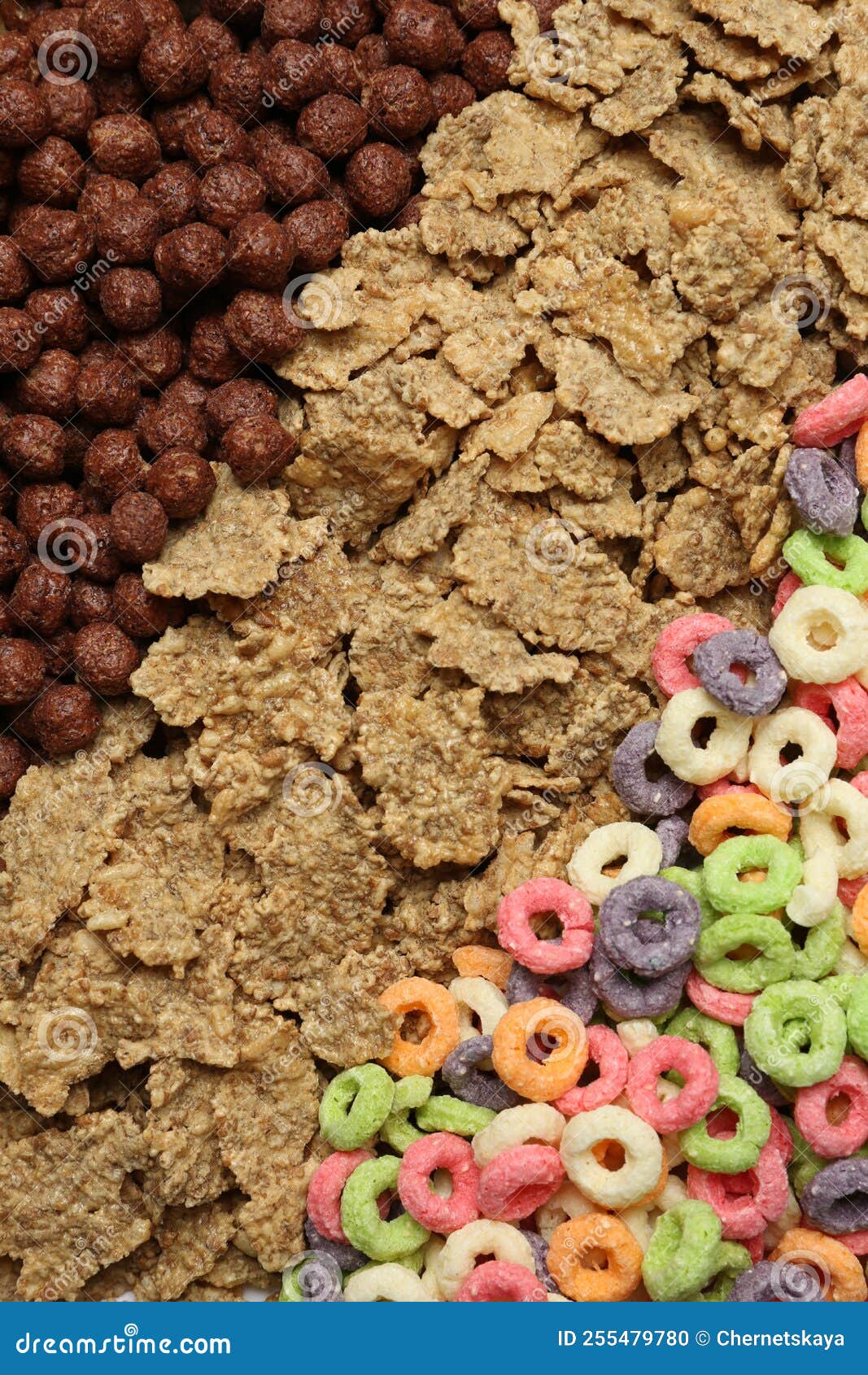 Different Types of Dry Breakfast As Background, Top View Stock Photo ...