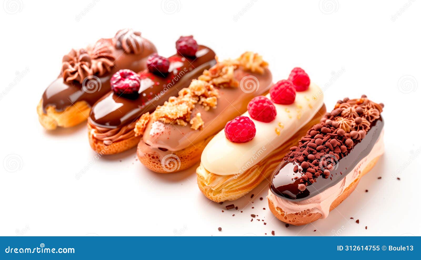 Different Types of Eclairs Topped with Nuts, Berries and Chocolate on a ...