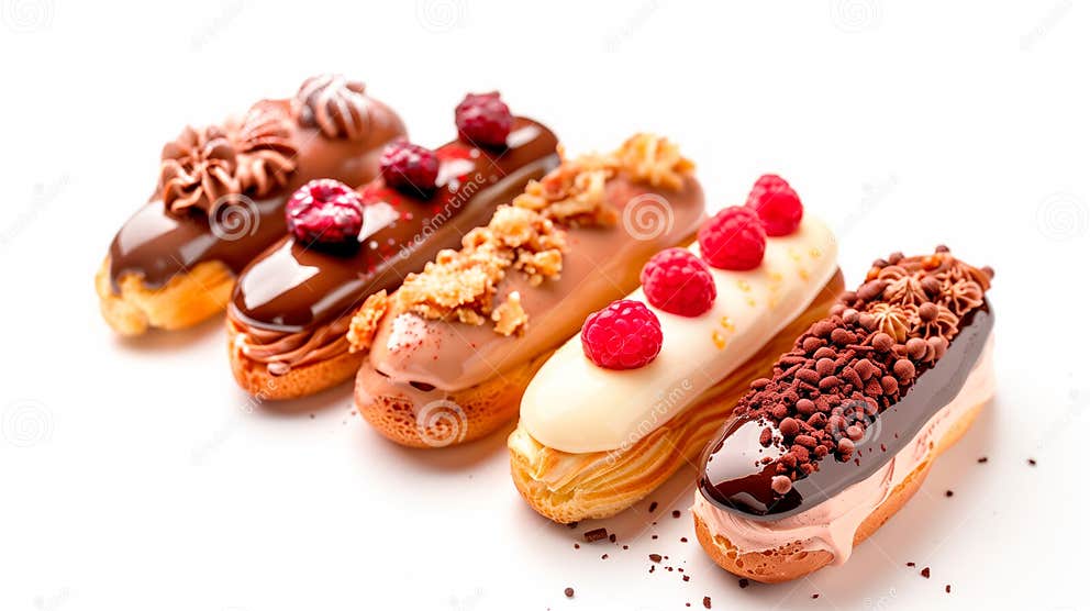 Different Types of Eclairs Topped with Nuts, Berries and Chocolate on a ...