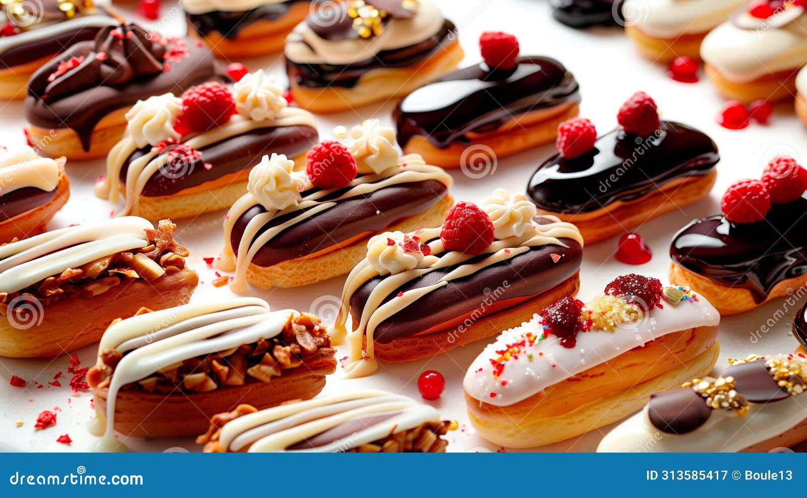 Different Types of Eclairs Topped with Nuts, Berries and Chocolate on a ...