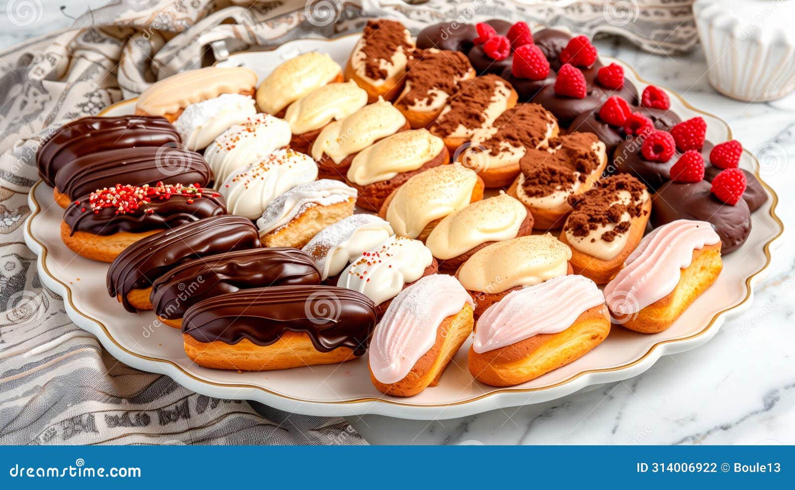 Different Types of Eclairs Topped with Nuts, Berries and Chocolate on a ...