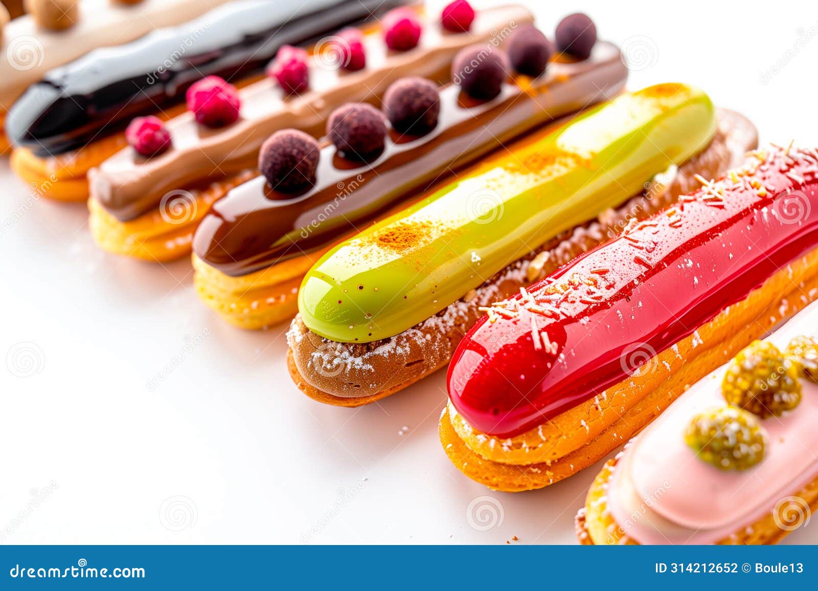 Different Types of Eclairs Topped with Nuts, Berries and Chocolate on a ...