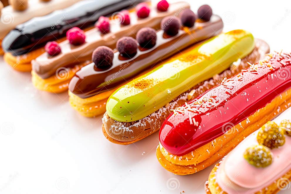 Different Types of Eclairs Topped with Nuts, Berries and Chocolate on a ...