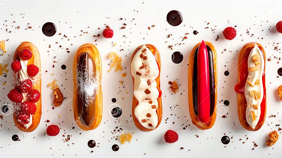 Different Types of Eclairs Topped with Nuts, Berries and Chocolate on a ...