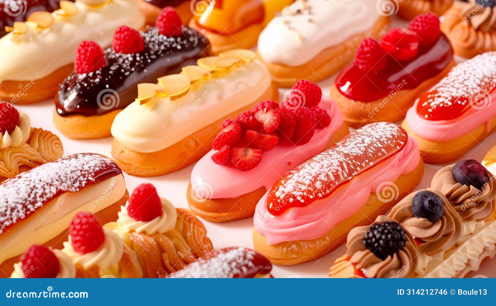 Different Types of Eclairs Topped with Nuts, Berries and Chocolate on a ...