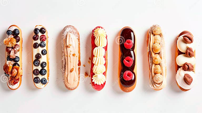 Different Types of Eclairs Topped with Nuts, Berries and Chocolate on a ...