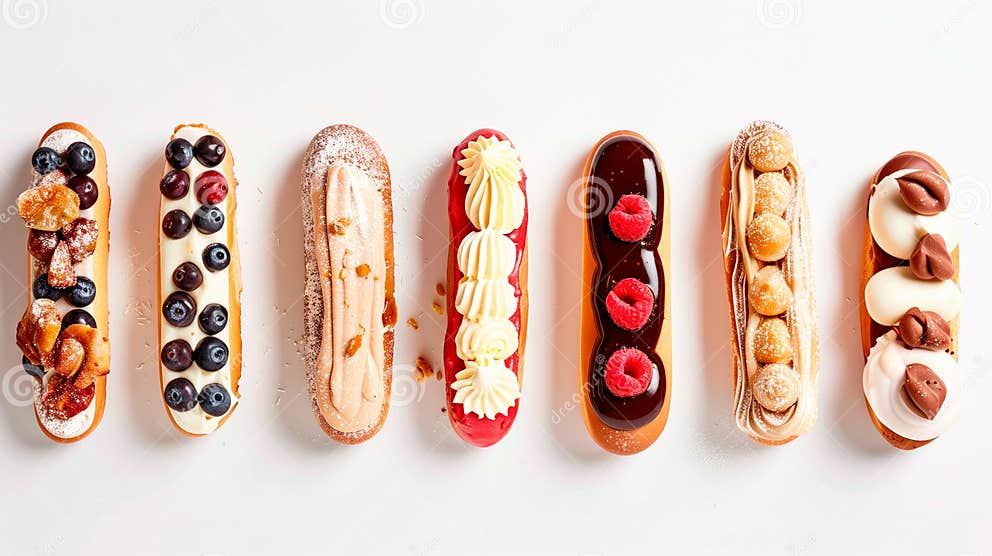 Different Types of Eclairs Topped with Nuts, Berries and Chocolate on a ...