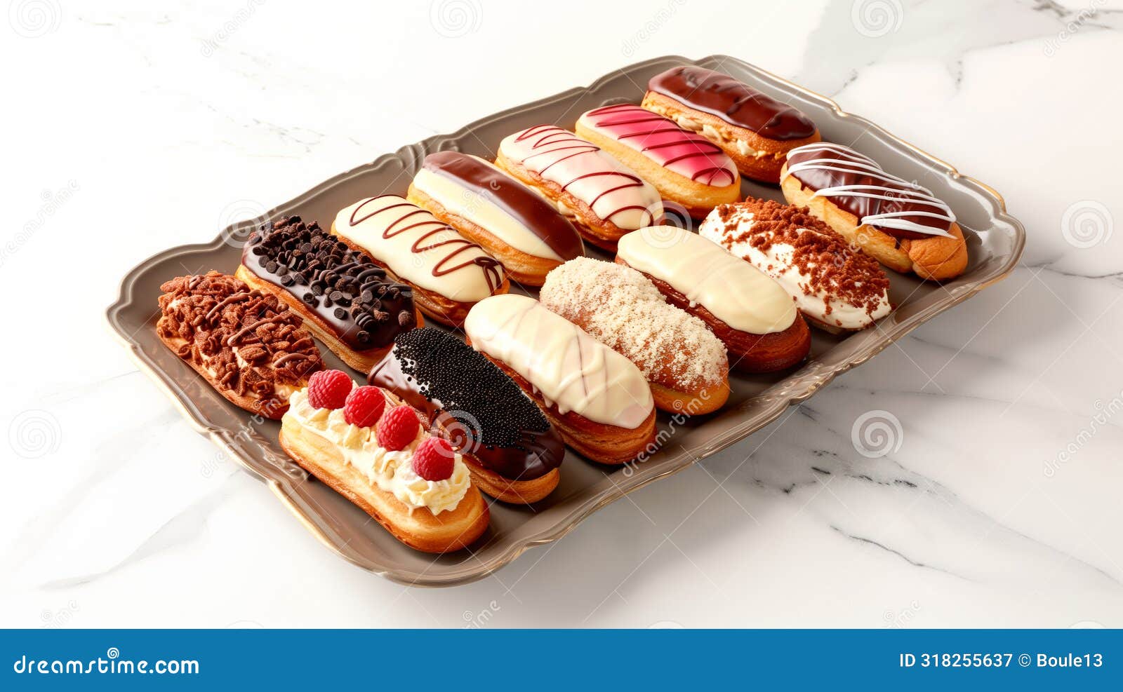 Different Types of Eclairs Topped with Nuts, Berries and Chocolate on a ...