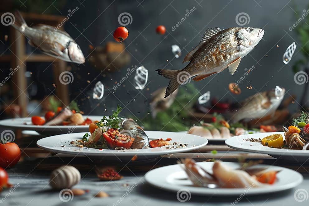 Different Types of Fish and Seafood Cooked Flying and Floating in the ...