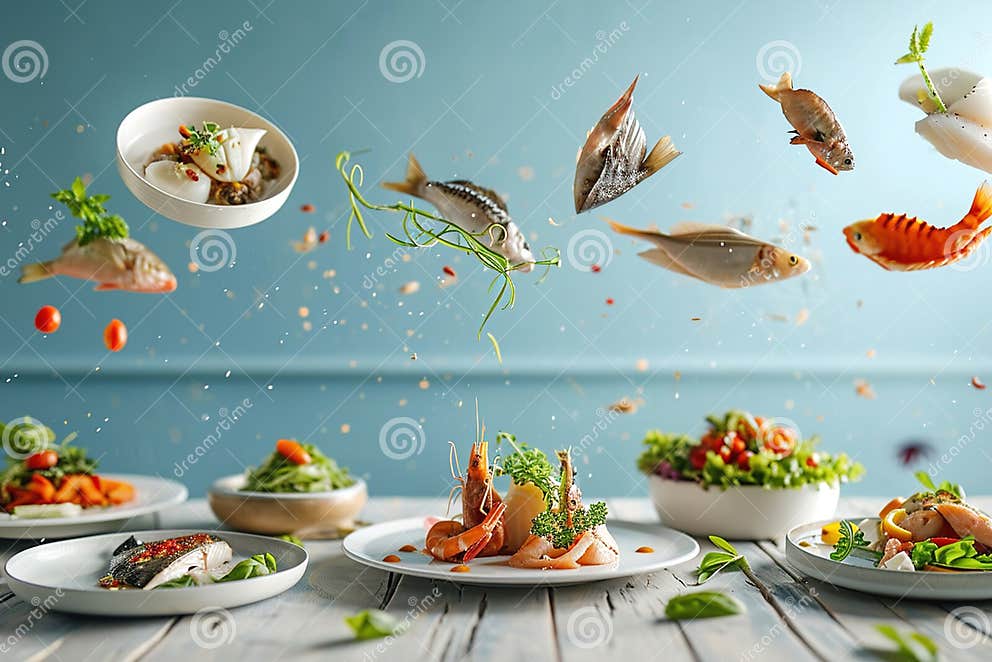 Different Types of Fish and Seafood Cooked Flying and Floating in the ...