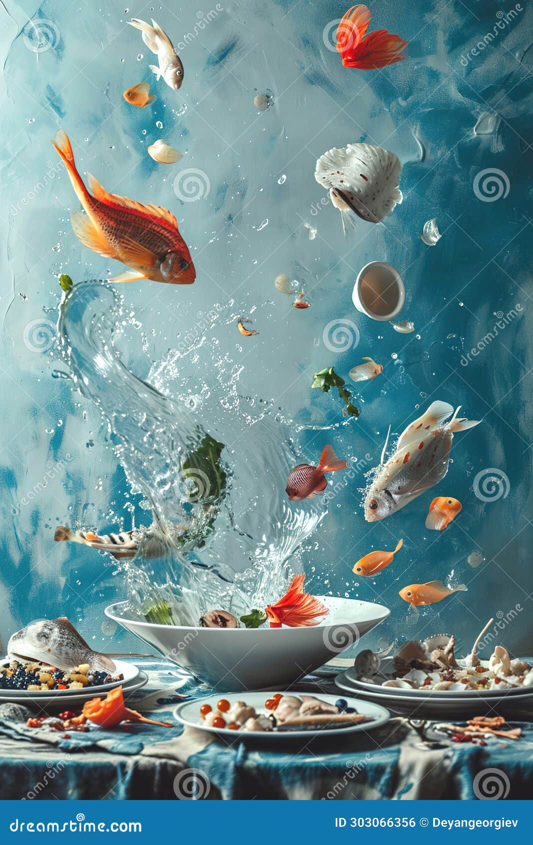 Different Types of Fish and Seafood Cooked Flying and Floating in the ...