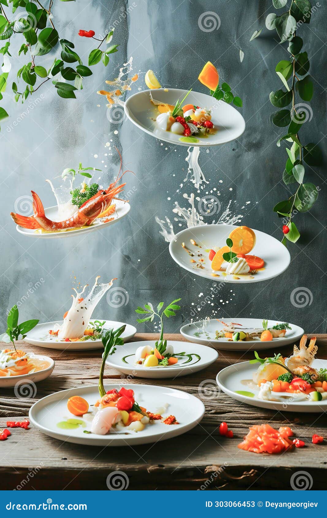 Different Types of Fish and Seafood Cooked Flying and Floating in the ...