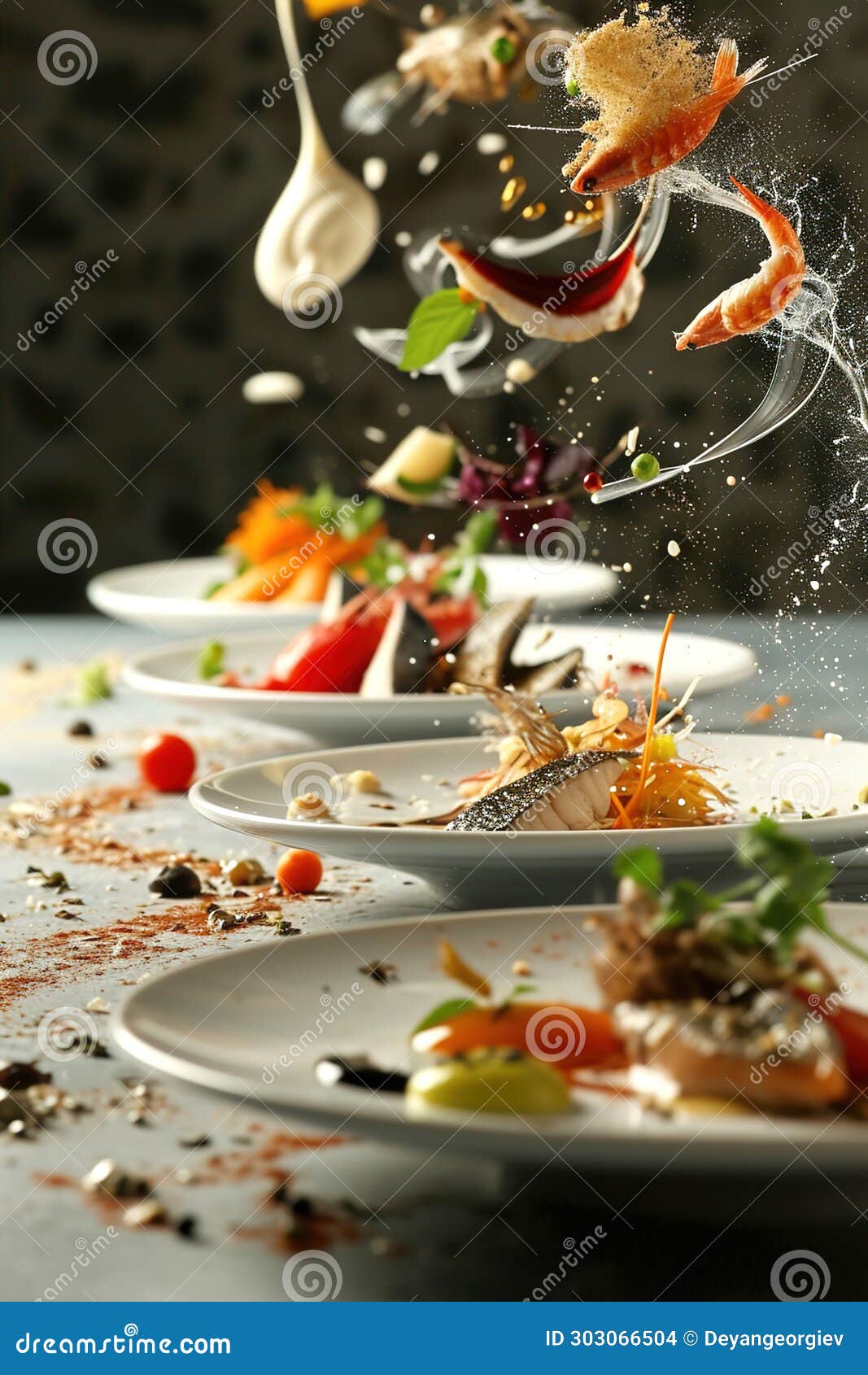 Different Types of Fish and Seafood Cooked Flying and Floating in the ...