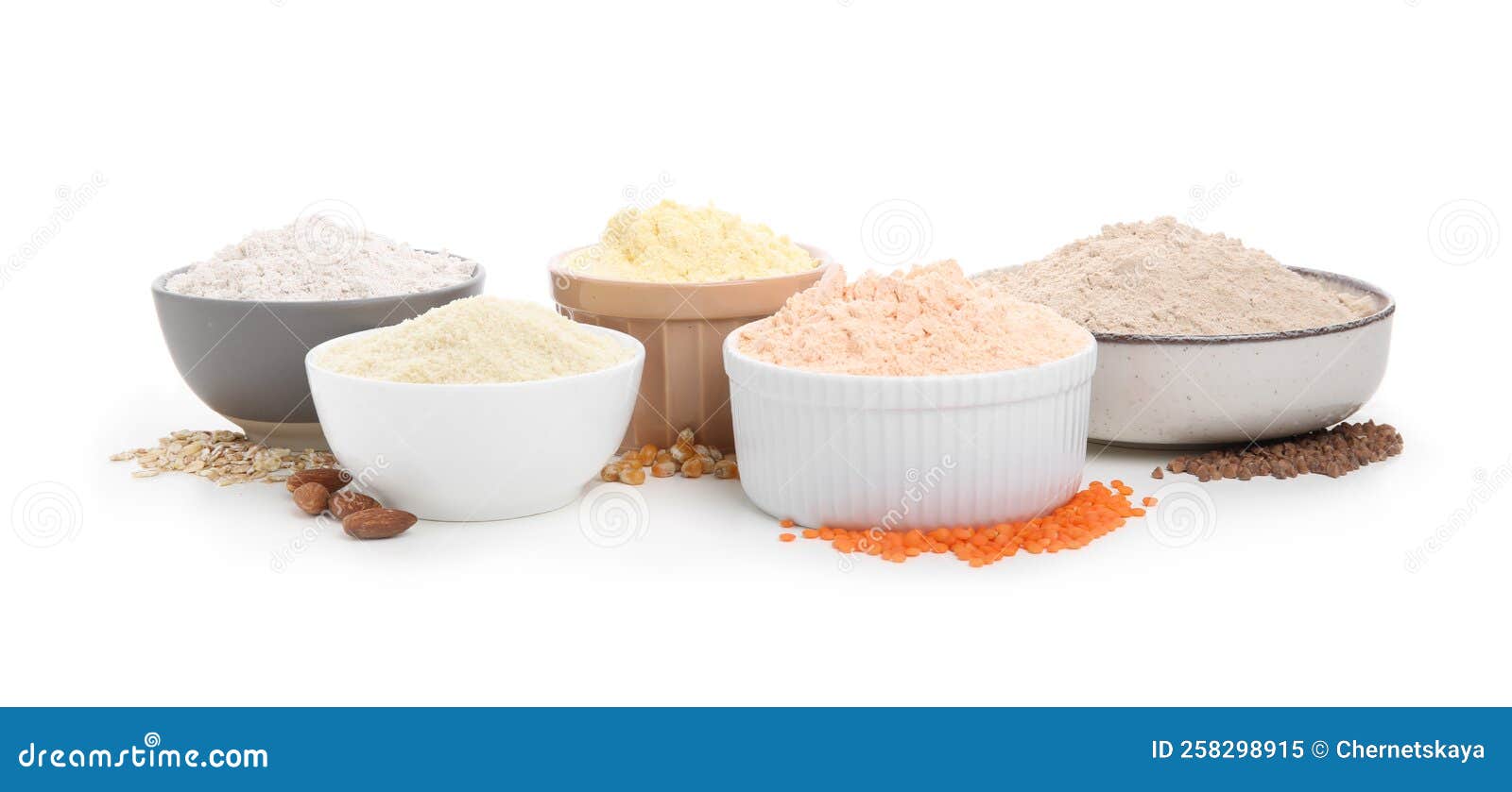 Different Types of Flour in Bowls on White Background Stock Image ...
