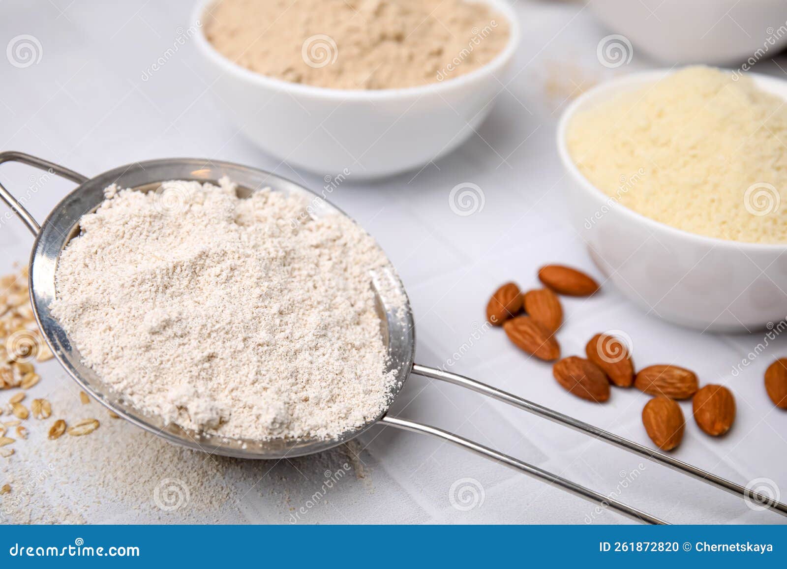 Different Types of Flour on Tiled Table, Closeup Stock Photo - Image of ...