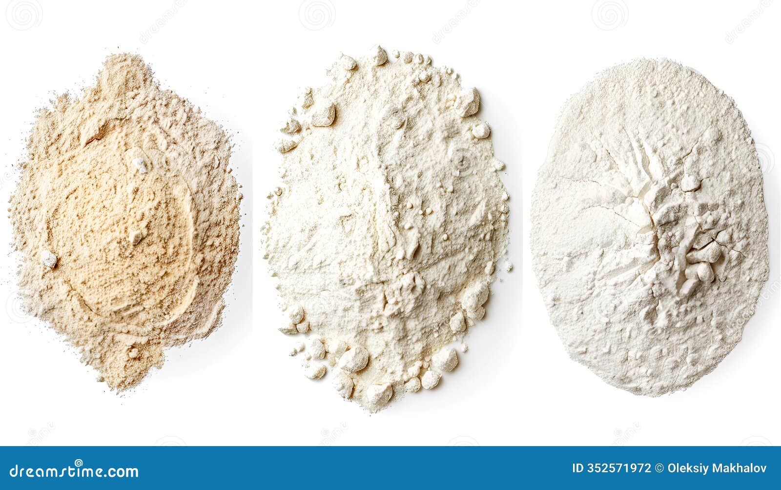 Different Types of Flour on White Background, Top and Side Views ...