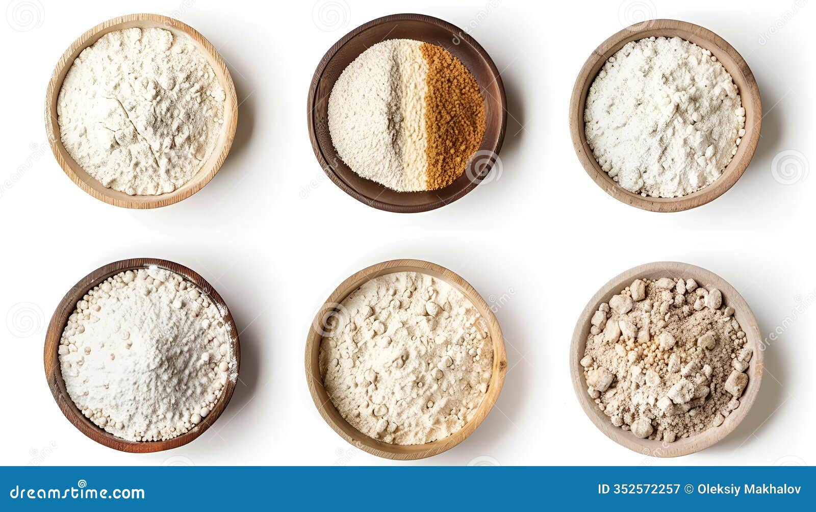 Different Types of Flour on White Background, Top and Side Views ...