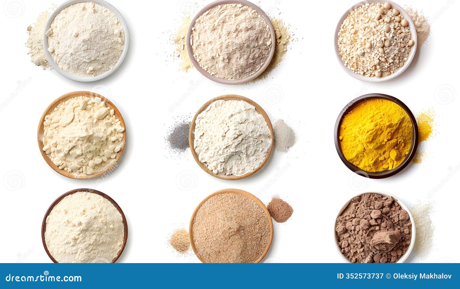 Different Types of Flour on White Background, Top and Side Views ...